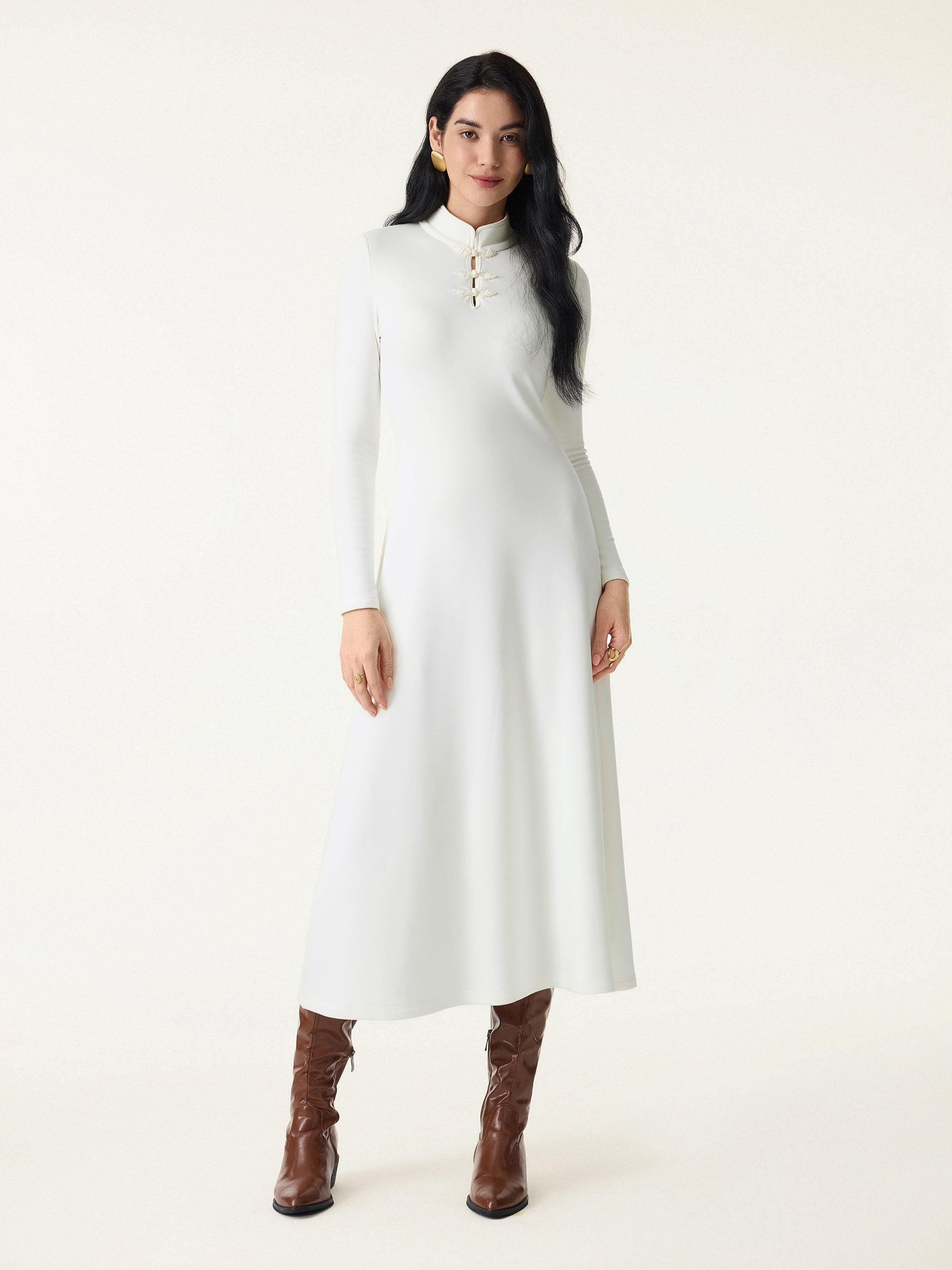 OGL Mandarin Collar Frog Button Midi Brami Dress – oglmove.au
